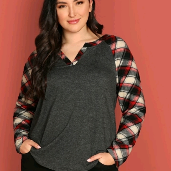SHEIN Tops | Gray Top With Plaid Sleeves | Poshmark